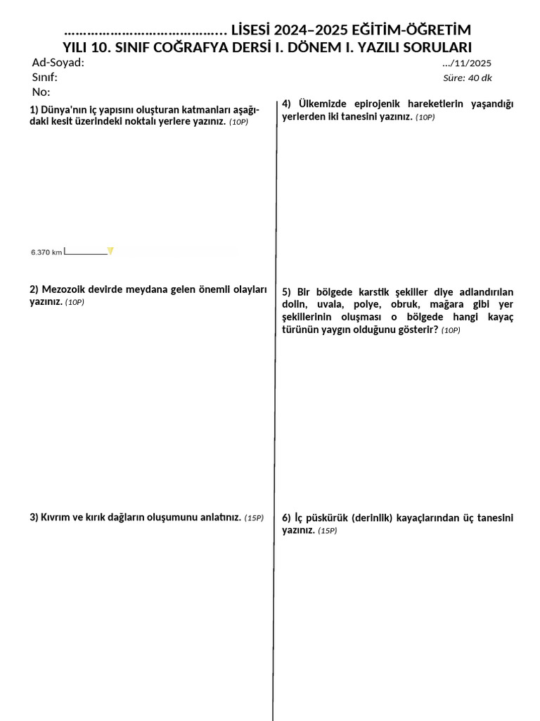 Cografya 10 Sinif 1 Donem 1 Yazili 2024 2025 | PDF