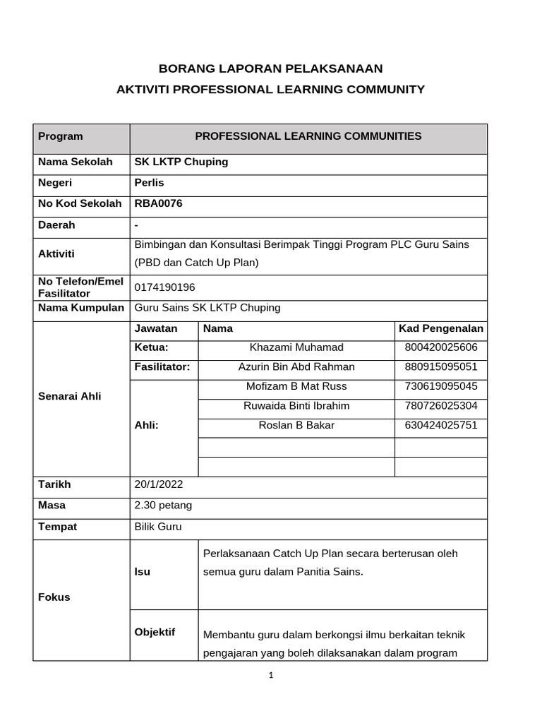Laporan PLC 1 2022 (Panitia Sains) | PDF