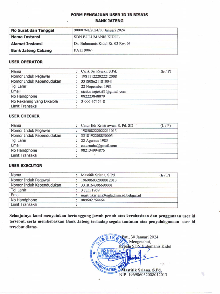 Form Pengajuan User Id Ib Bisnis Bank Jateng Ok | PDF