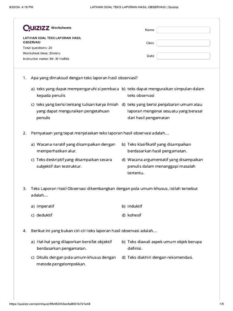 LATIHAN SOAL TEKS LAPORAN HASIL OBSERVASI - Quizizz | PDF