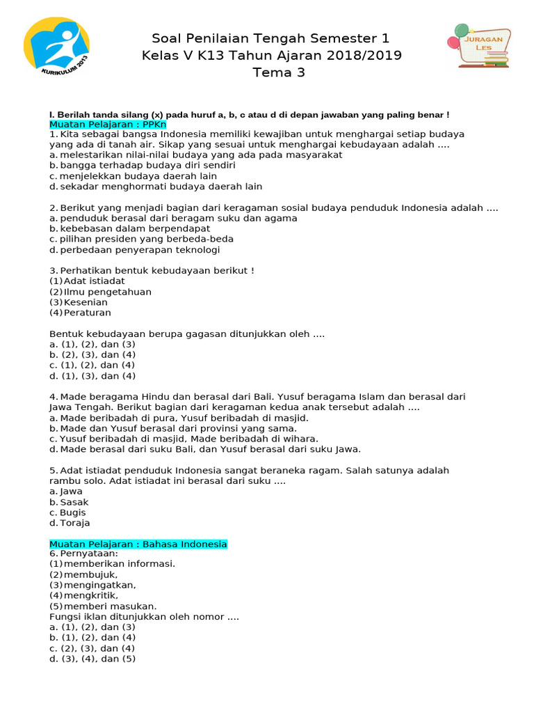 Soal PTS Tema 3 Kelas 5 Semester 1 K13 Tahun 2019-2020 | PDF | Ilmu Sosial | Kajian Bahasa Asing
