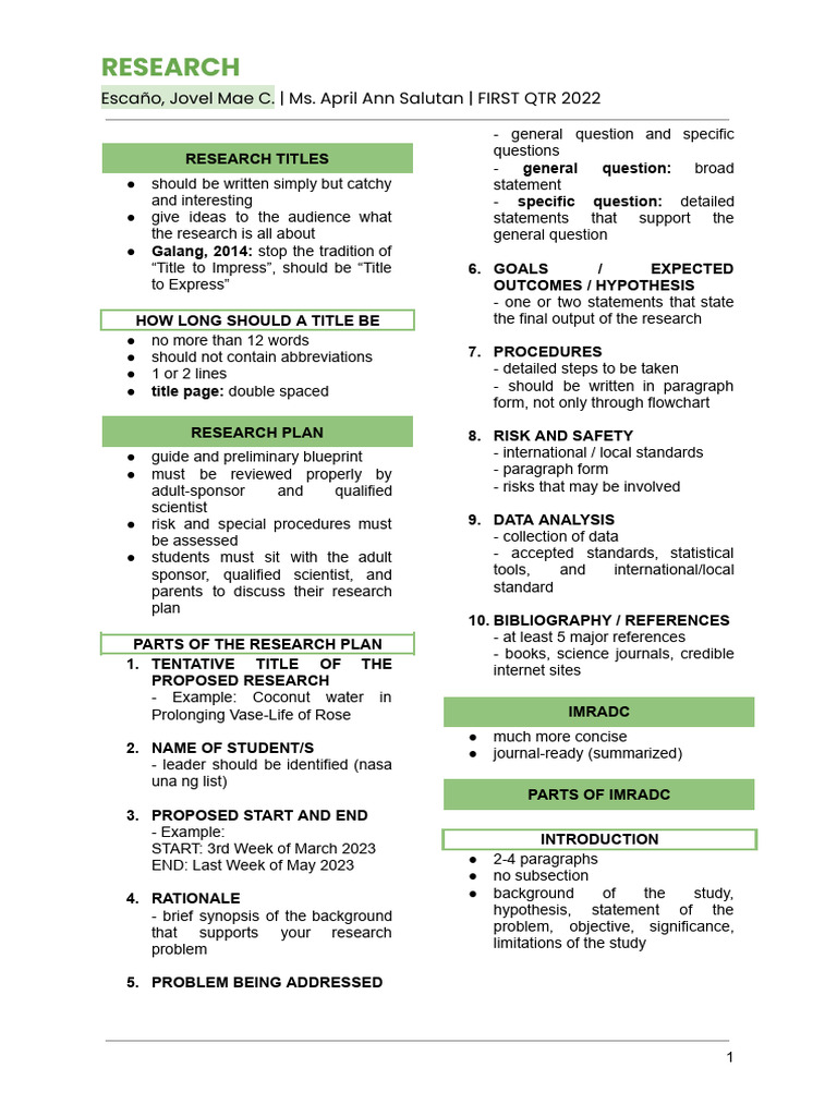 Escaño 10 Research QTR 1 | PDF | Statistics | Level Of Measurement