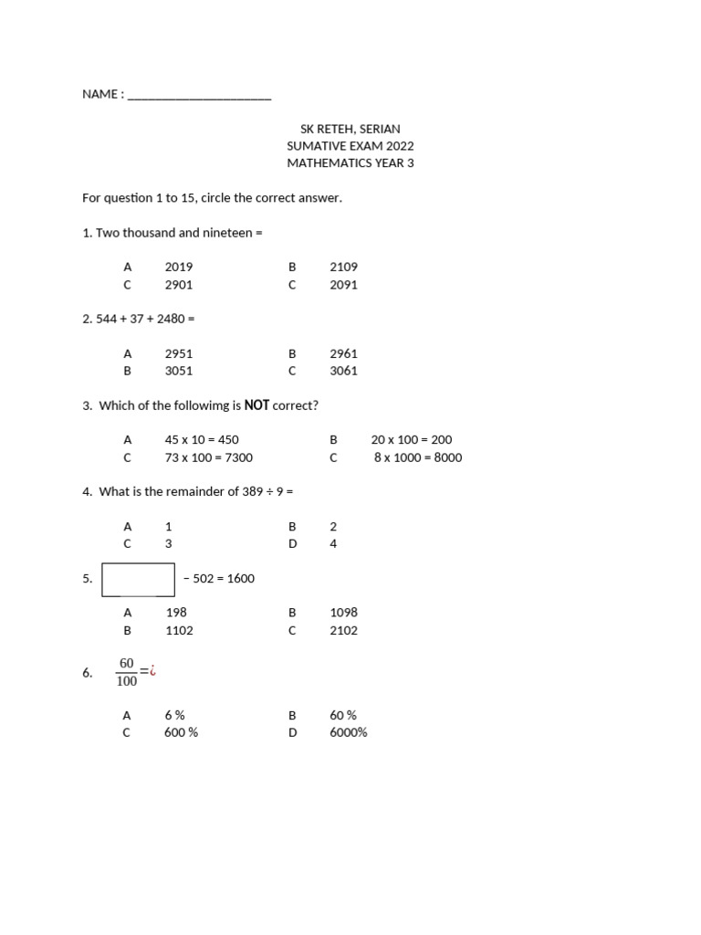 Year 3 Mathematics Exam Questions | PDF