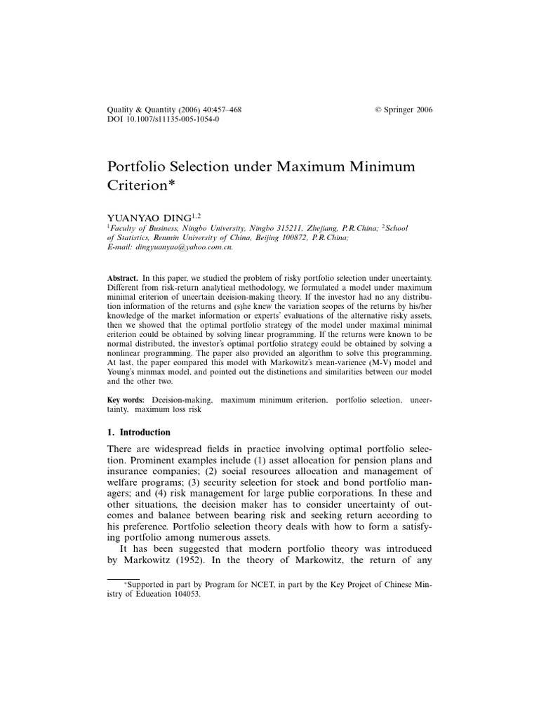 Portfolio Selection Under Maximum Minimum | PDF | Modern Portfolio ...