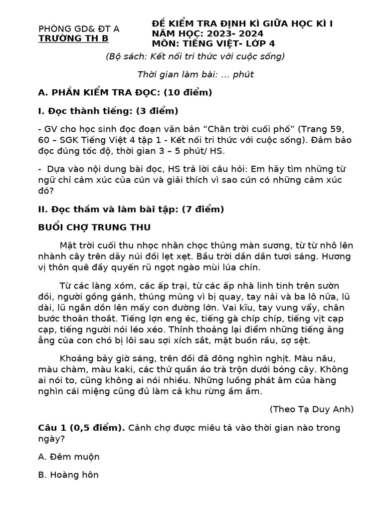 De Thi Giua Ki 1 Mon Tieng Viet 4 | PDF