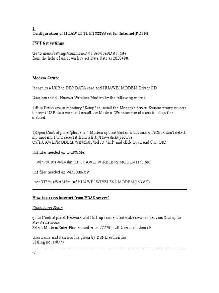 Configuration of HUAWEI T1 ETS2288 Set For Internet (PDSN) : FWT Set ...
