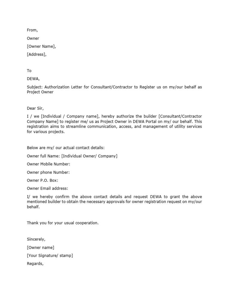 Owner Authorization for DEWA Registration | PDF