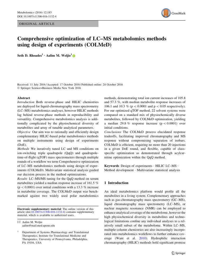 Comprehensive Optimization of LC-MS Metabolomics Methods Using Design ...