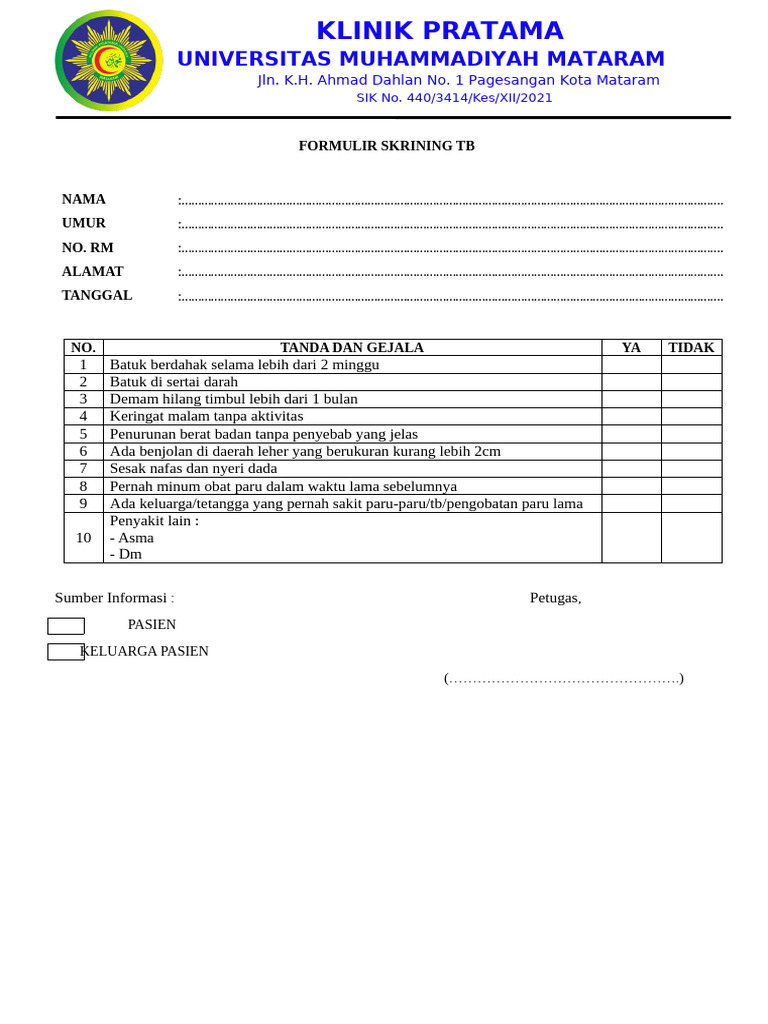 Formulir Skrining TB | PDF
