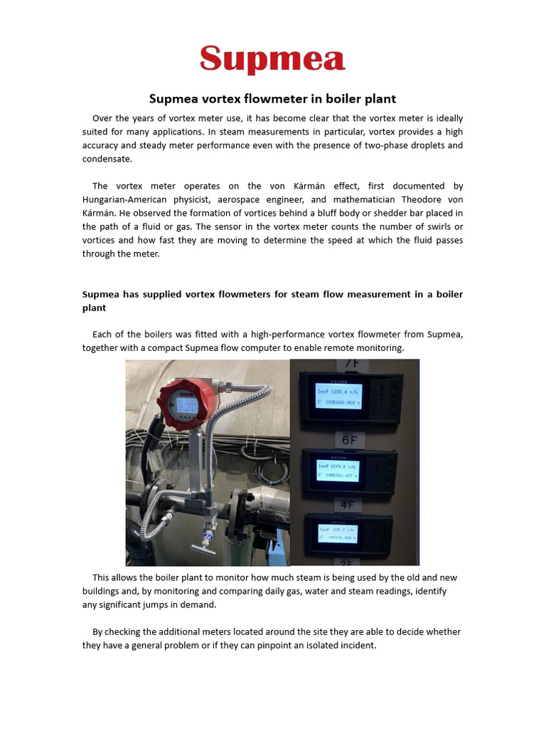 Supmea Vortex Flowmeter in Boiler Plant | PDF