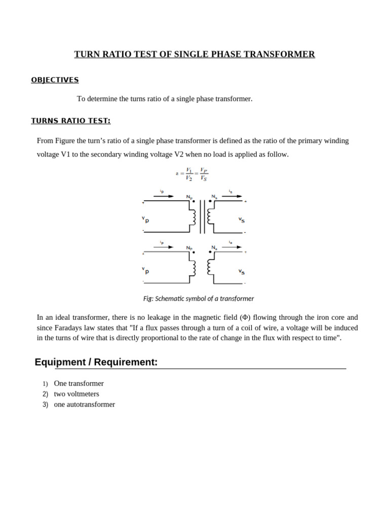 Turns Ratio Test for Single Phase Transformer | PDF