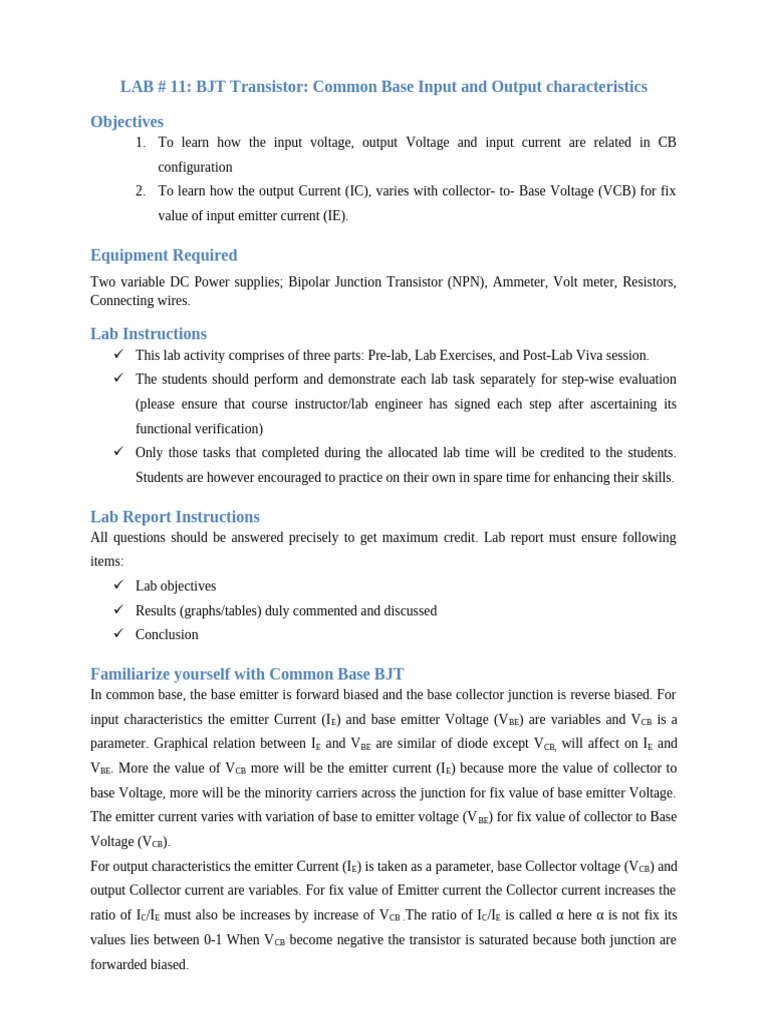 Lab 11 BJT Common Base Input and Output Characteristics | PDF | Bipolar Junction Transistor ...