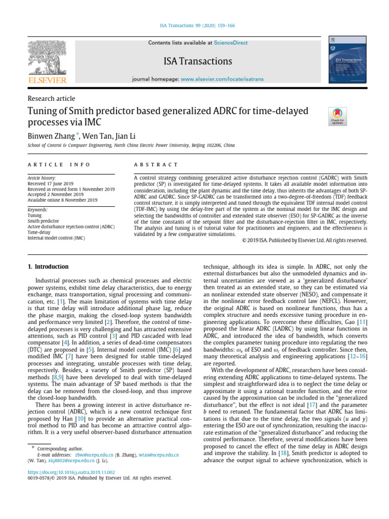Tuning of Smith Predictor Based Generalized ADRC For Time D - 2020 - ISA Transac | PDF | Control ...