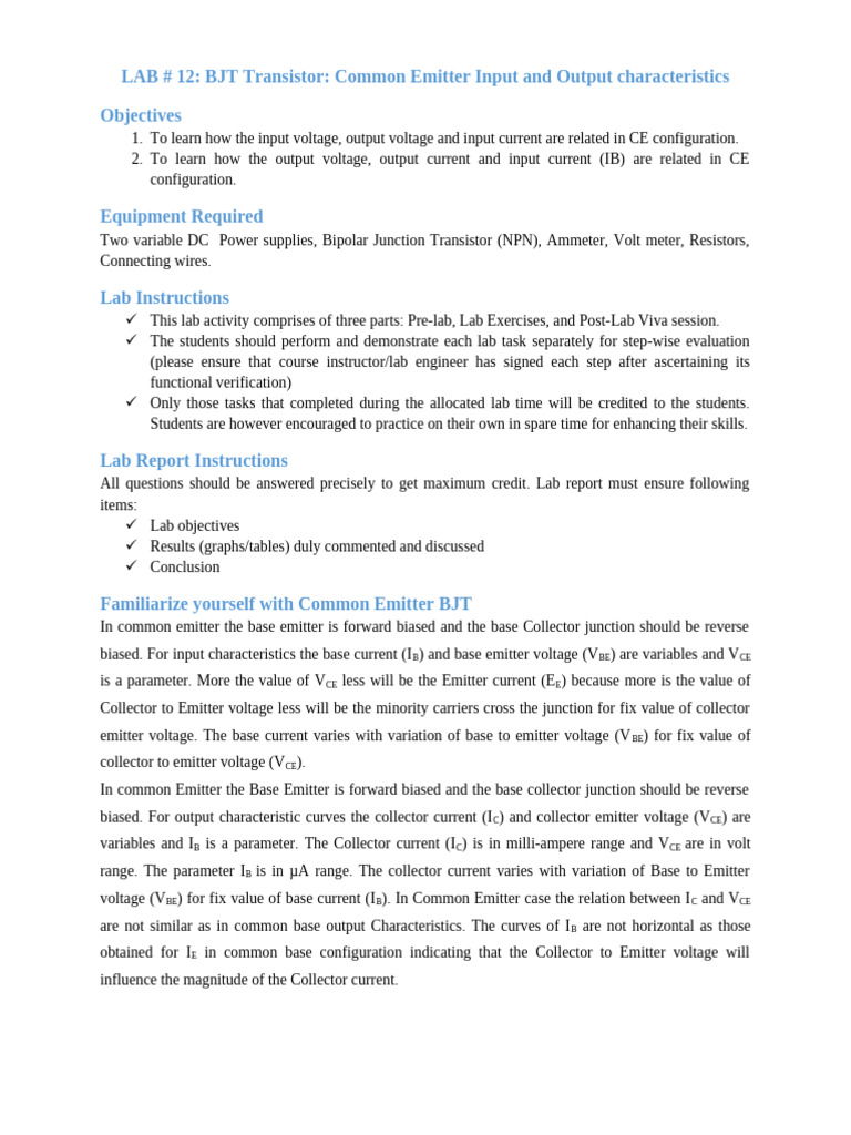 Lab 12 BJT Common Emitter Input and Output Characteristics | PDF | Bipolar Junction Transistor ...