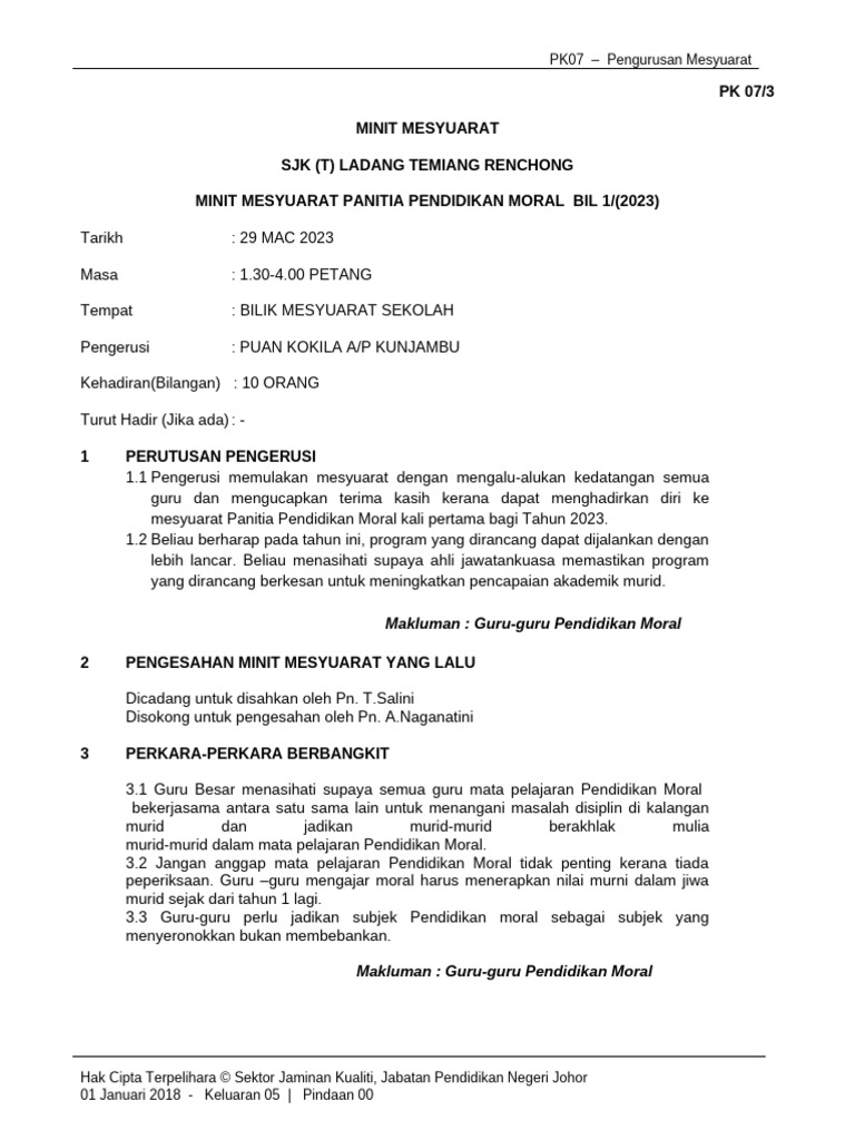 MINIT MESYUARAT PM 1 2023 | PDF