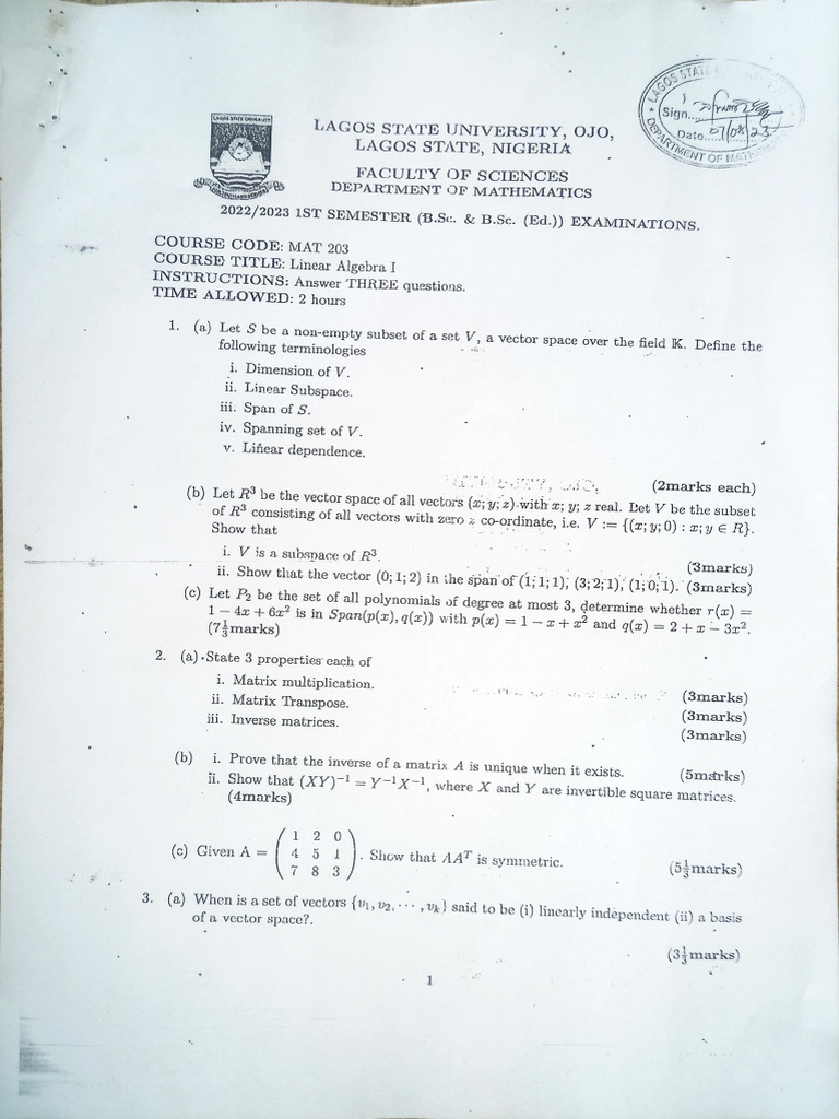 200l First Semester Past Questions | PDF