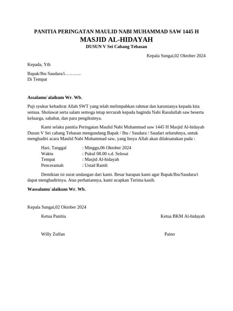 Undangan Maulid Nabi 1445 H Masjid Al-Hidayah | PDF