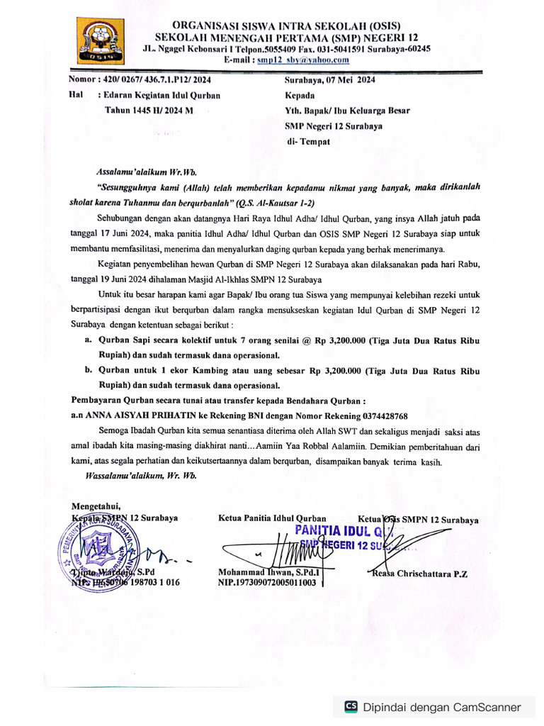 Edaran Berqurban Untuk Keluarga Besar SMPN 12 Surabaya | PDF