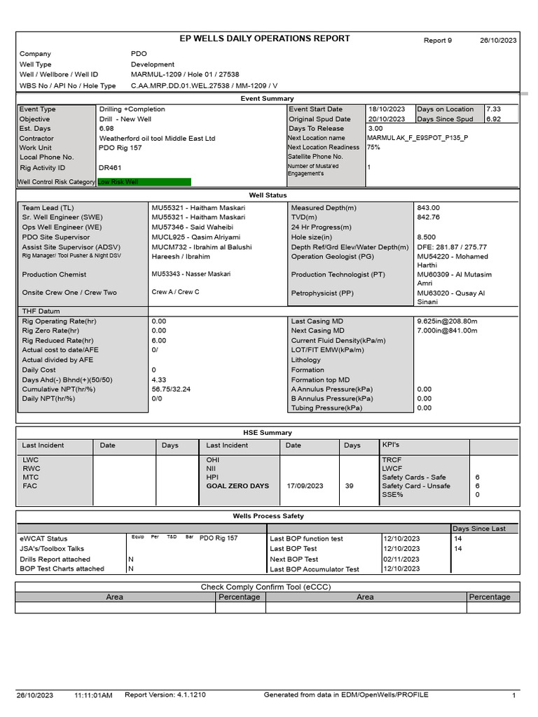 EP Wells Daily Operations Report | PDF