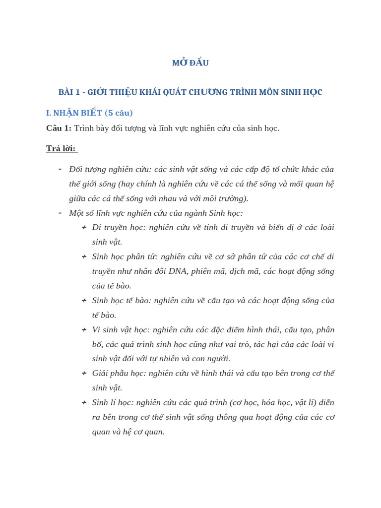 TL Sinh 10 CTST Bai 1 Gioi Thieu Khai Quat Chuong Trinh Mon Sinh Hoc | PDF