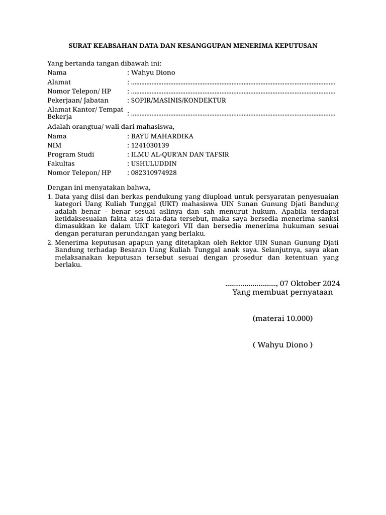 Pernyataan Keabsahan Data UKT | PDF | Hukum