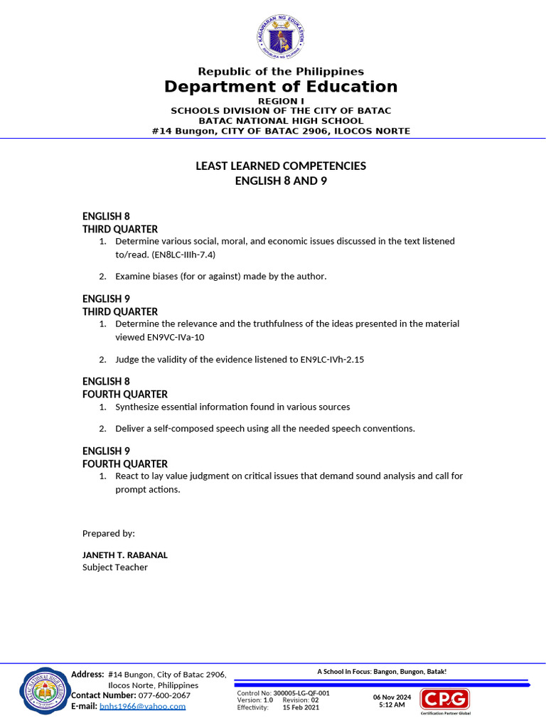 Least Learned Competencies Q3 and Q4 | PDF