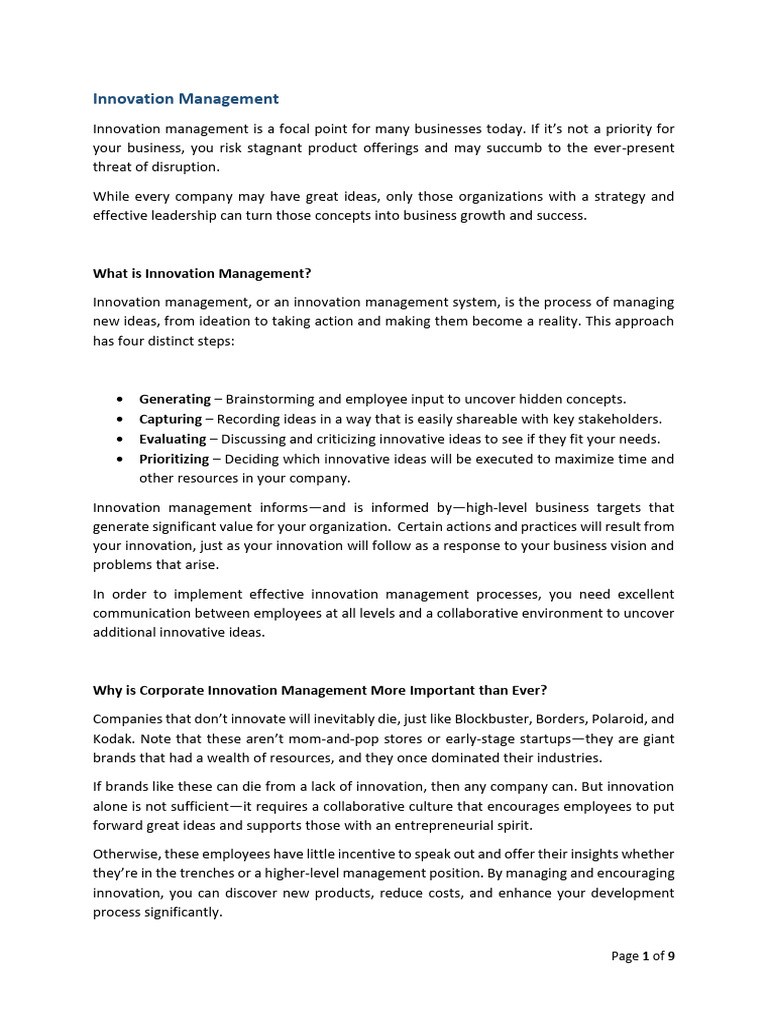 Innovation Management Pdf Innovation Performance Indicator