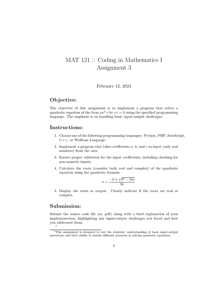 Quadratic Equation Solver Assignment | PDF