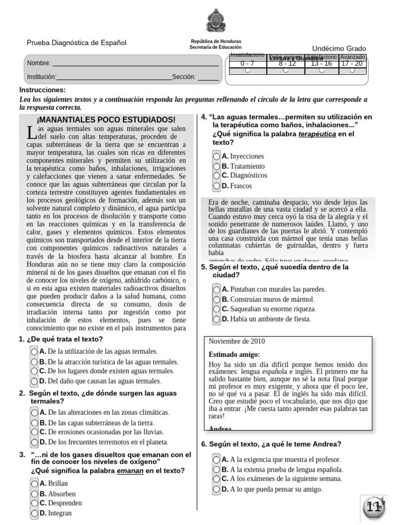 Prueba Diagnóstica 11º Español (2011) | PDF | Tierra | Gatos