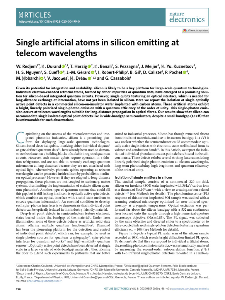 Single Artificial Atoms in Silicon Emitting at Telecom Wavelengths - s41928-020-00499-0 | PDF