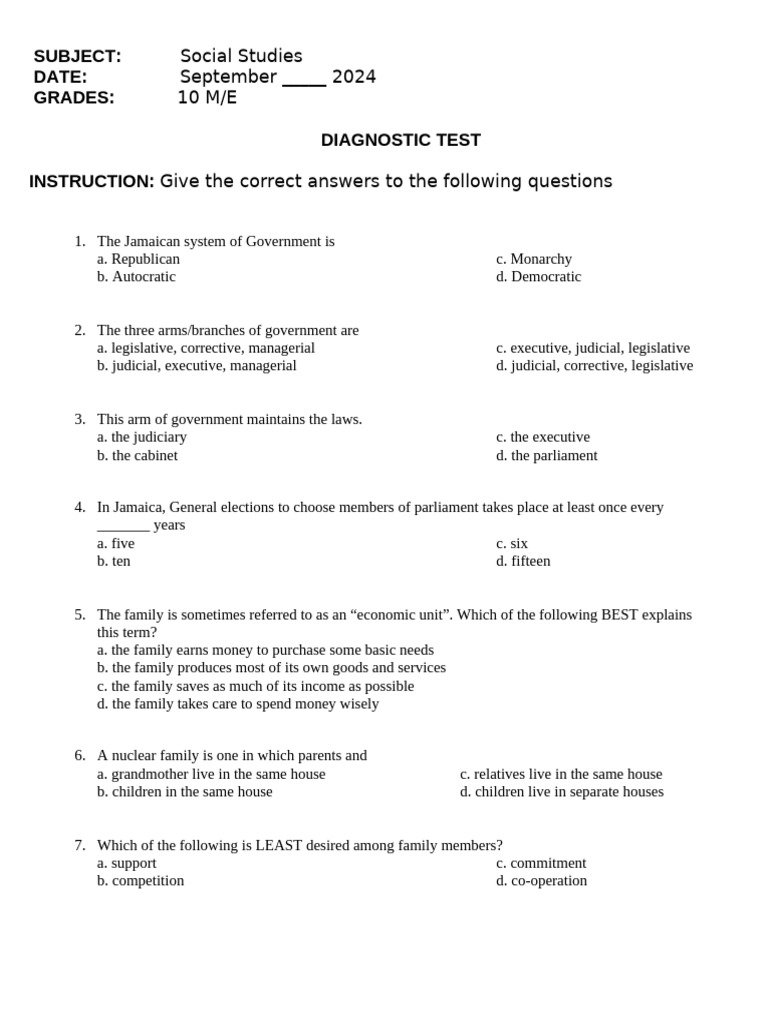 Social Studies Diagnostic Test for Grade 10 | PDF | Family | Human ...