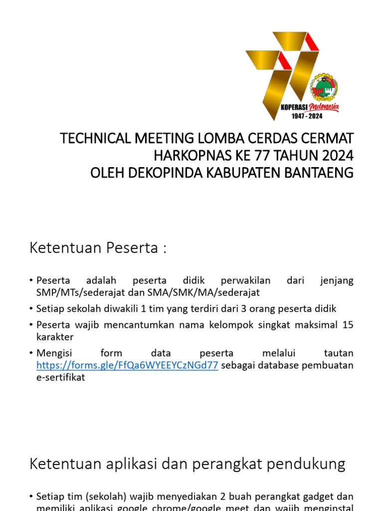 Technical Meeting Lomba Cerdas Cermat Harkopnas Ke 77 | PDF