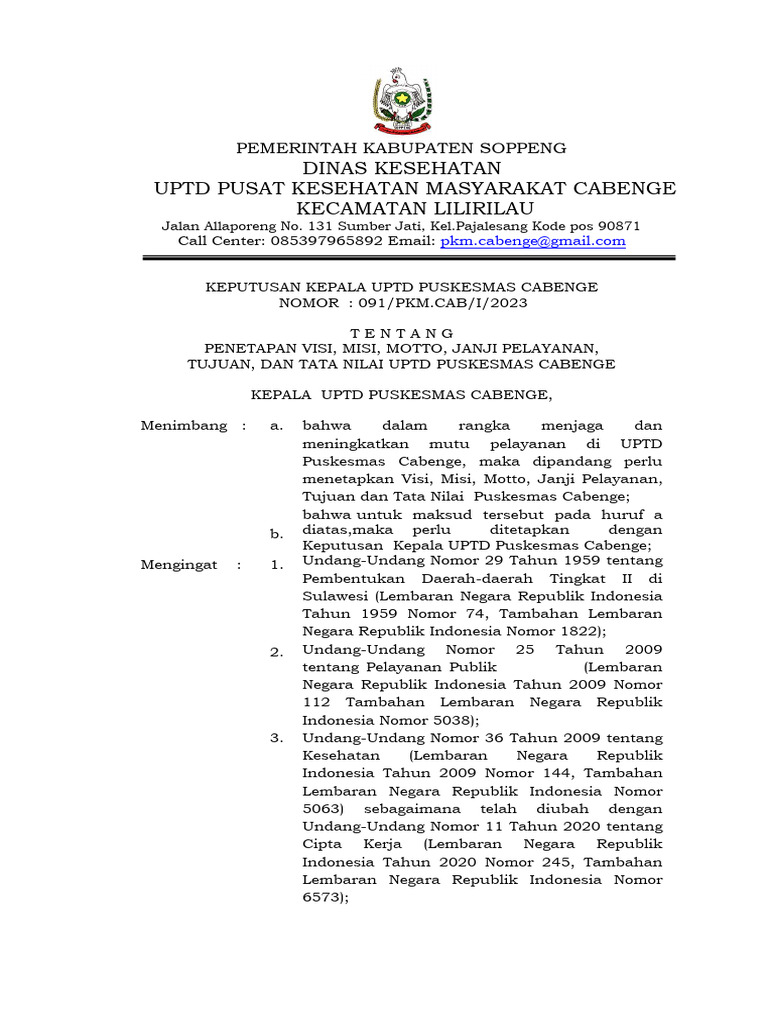1.1.1 EP A1. SK PENETAPAN VISI, MISI, MOTTO, JANJI PELAYANAN, TUJUAN ...
