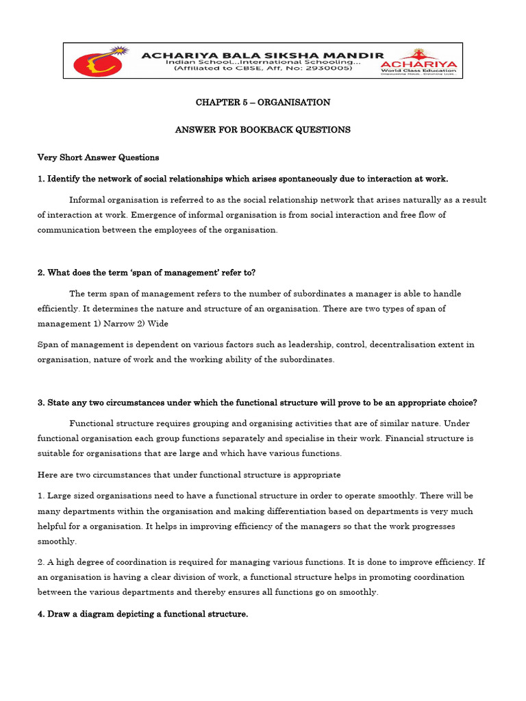 Business Studies - Chapter 5 Organisation - Final | PDF ...