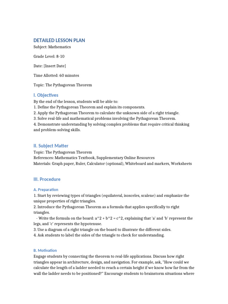 Detailed Lesson Plan Pythagorean Theorem | PDF | Triangle
