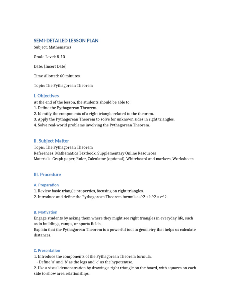 Semi Detailed Lesson Plan Pythagorean Theorem Format | PDF | Triangle ...