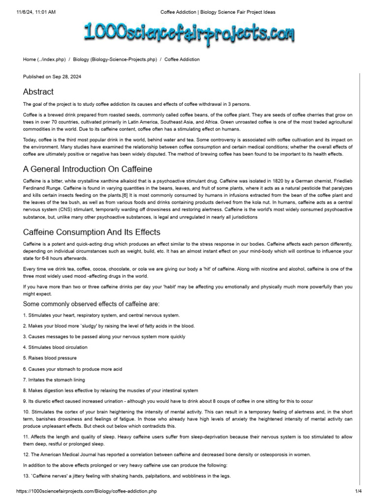 Coffee Addiction: Biology Project Ideas | PDF | Caffeine | Coffee
