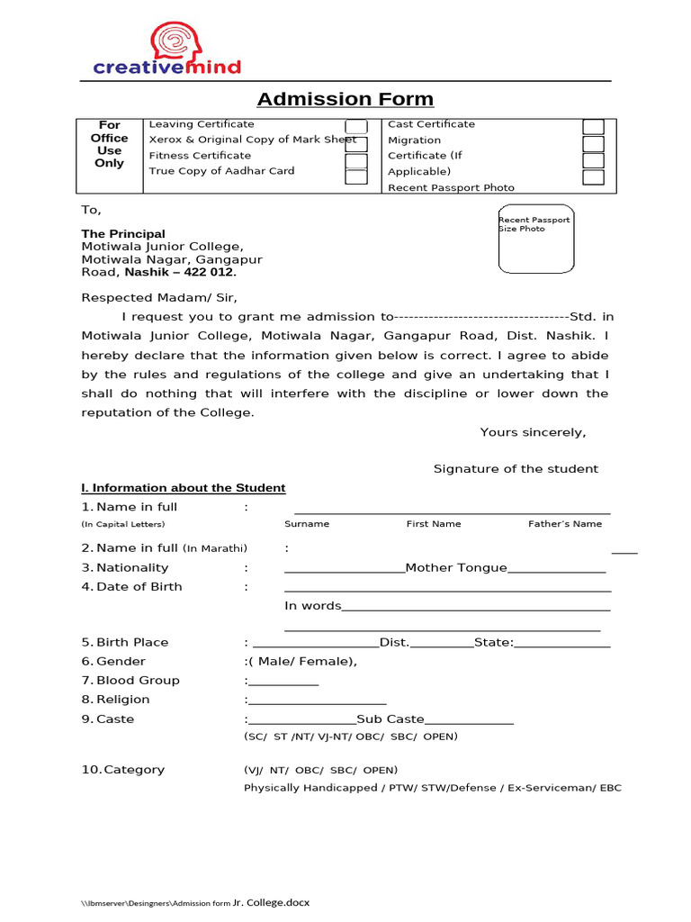 Junior College Admission Form Template | PDF