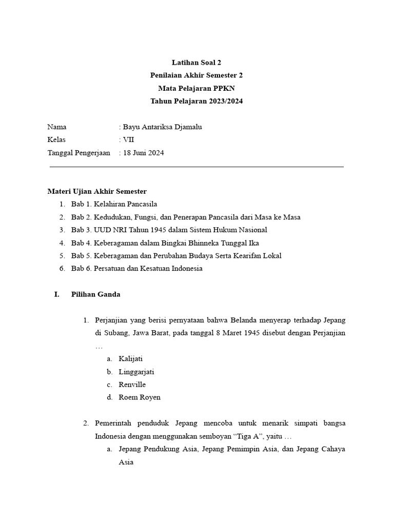 PPKN - Latihan PAS - Kelas 7 - Part 2 PDF | PDF