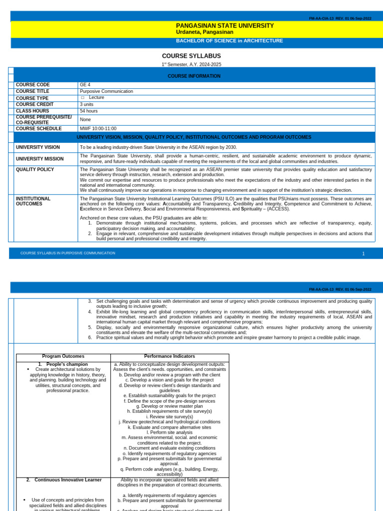 GE4-PurCom Syllabus Rev. 2024-01 | PDF | Cross Cultural Communication | Communication