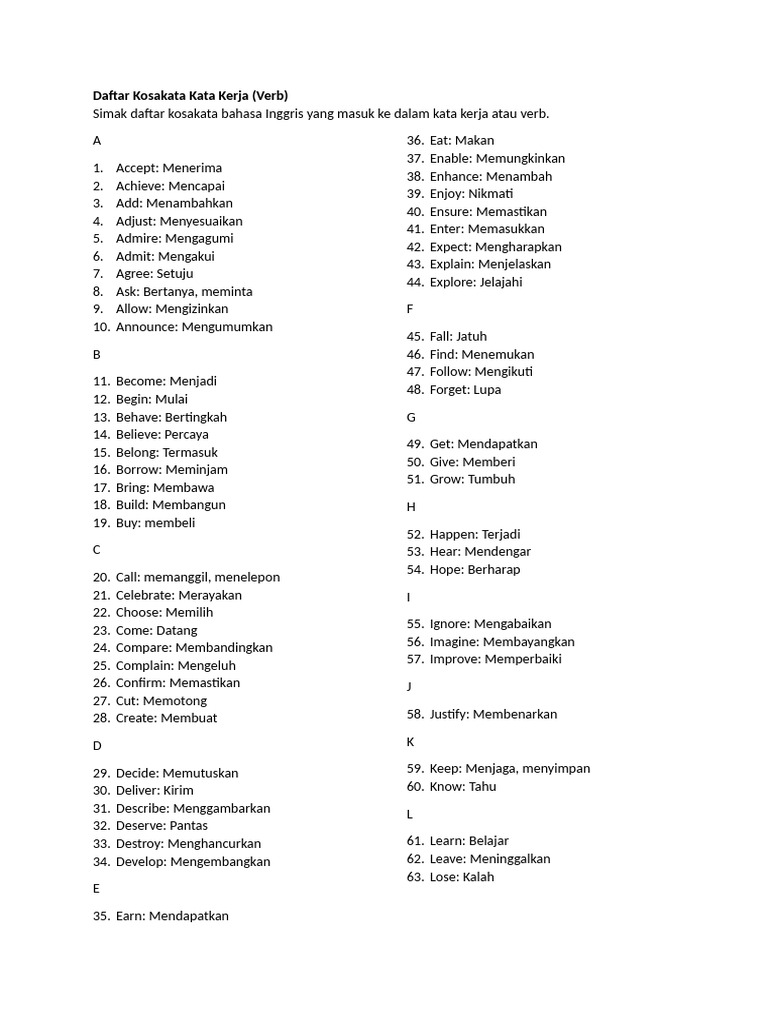 Daftar Kosakata Kata Kerja | PDF