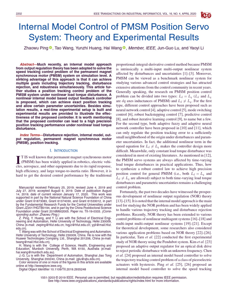 Internal Model Control of PMSM Position Servo System Theory and Experimental Results | PDF ...