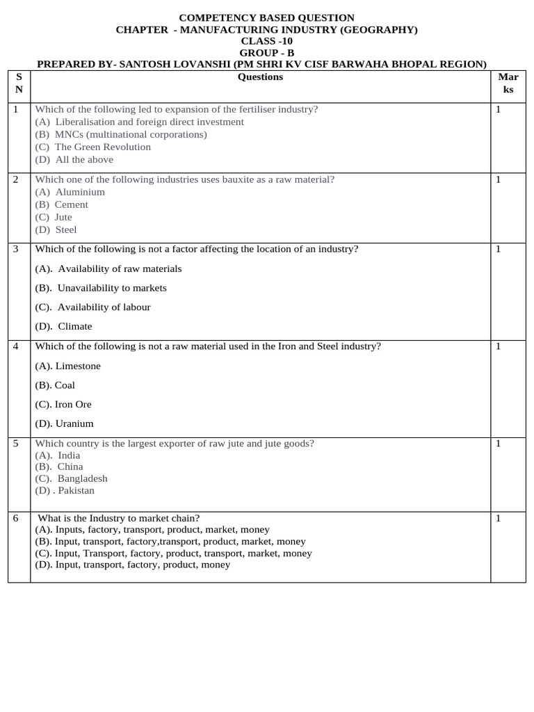 Competency Based Questions Class 10 Geo | PDF | Agriculture | Sugarcane