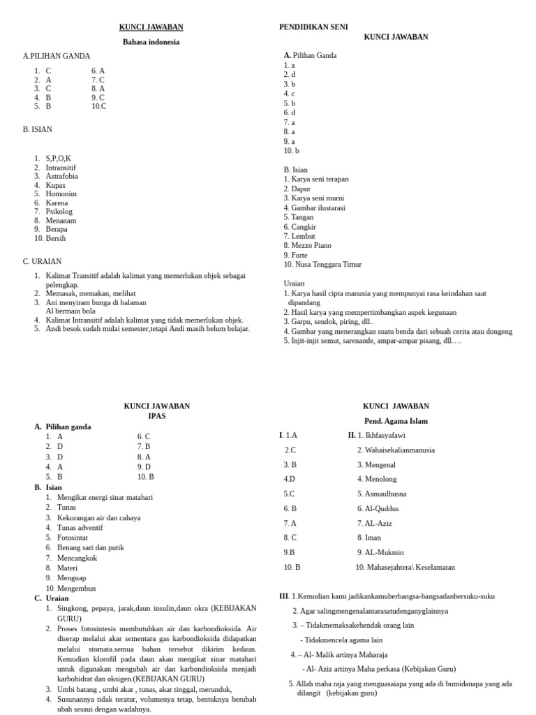 Kunci Jawaban STS Ganjil Kelas Iv | PDF