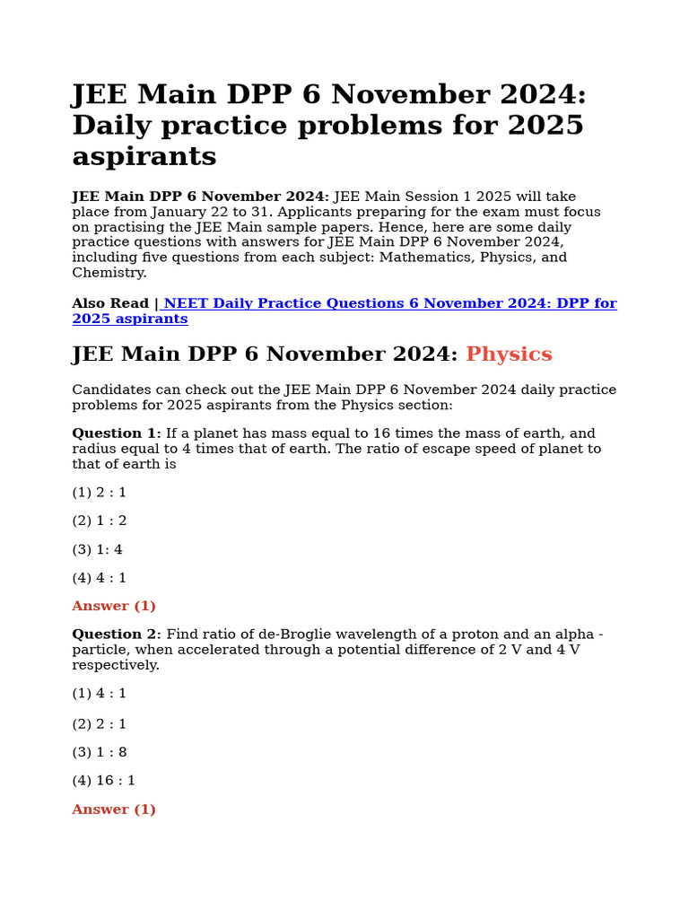 JEE Main DPP for 2025 Aspirants | PDF | Mass | Kinetic Energy