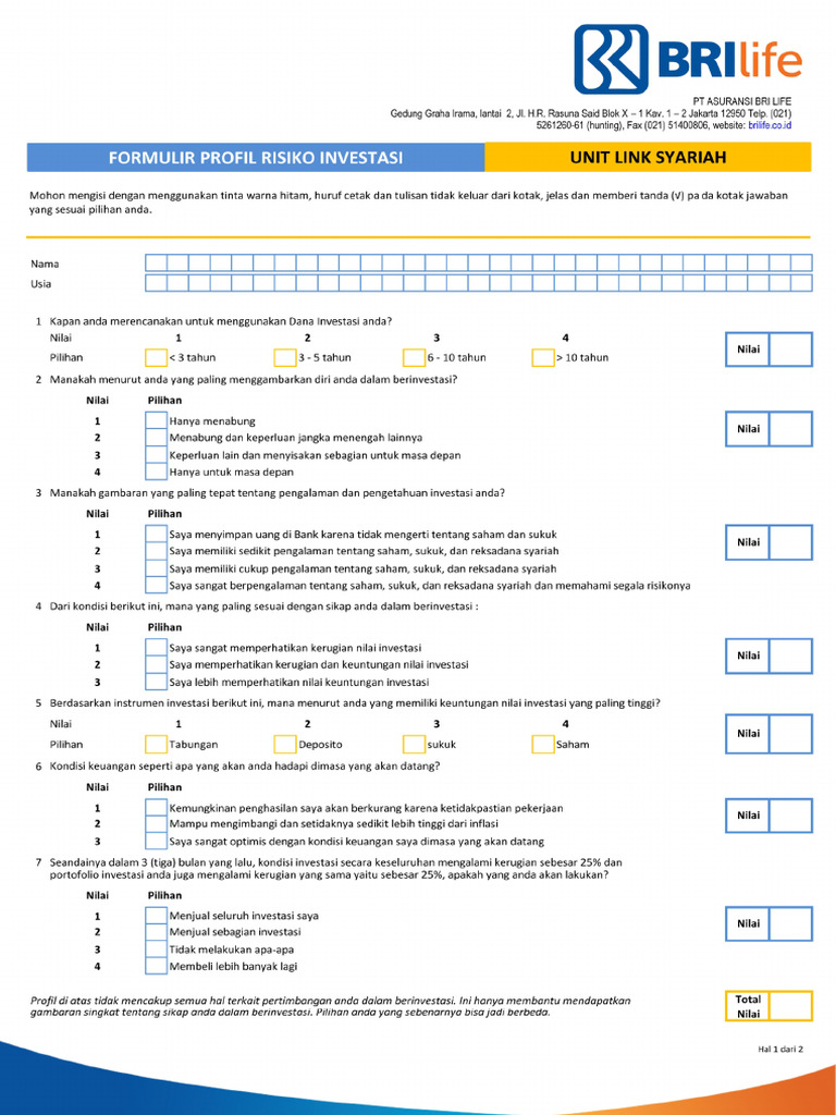 Formulir Profil Risiko Unit Link Syariah | PDF