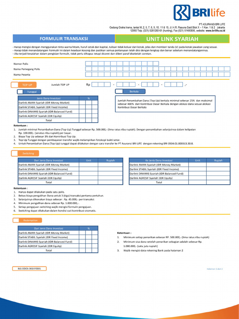 Formulir Transaksi Unit Link Syariah | PDF