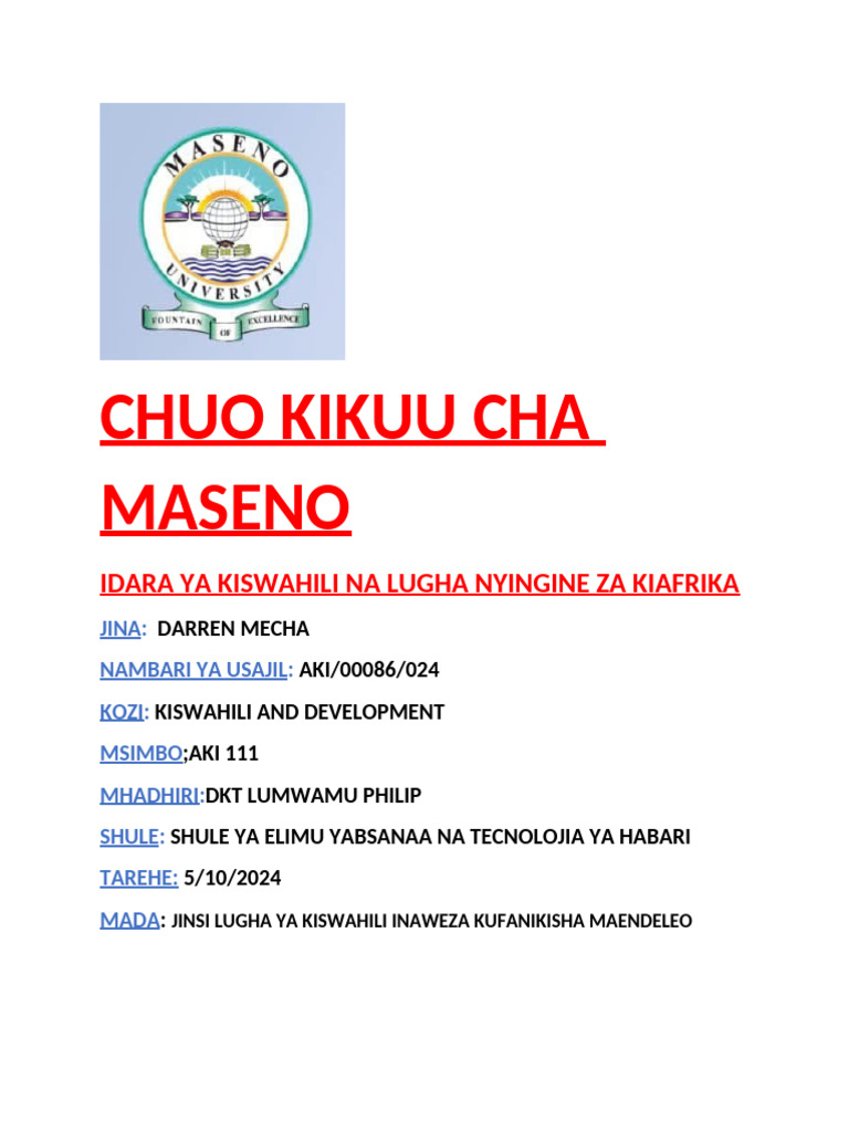 Chuo Kikuu Cha Maseno: Idara Ya Kiswahili Na Lugha Nyingine Za Kiafrika | PDF