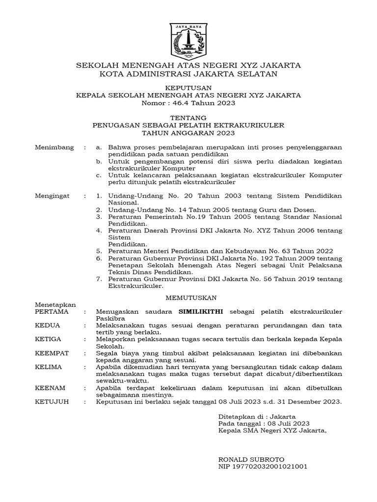 Contoh SK & Surtug PELATIH - PASKIBRA | PDF