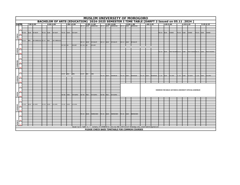 BAED 2024-2025 Semester I Timetable | PDF